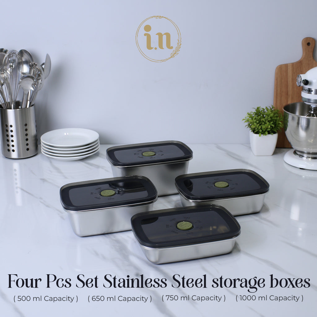 4-Piece Stainless Steel 304 Airtight Storage Containers (500ML, 650ML ...